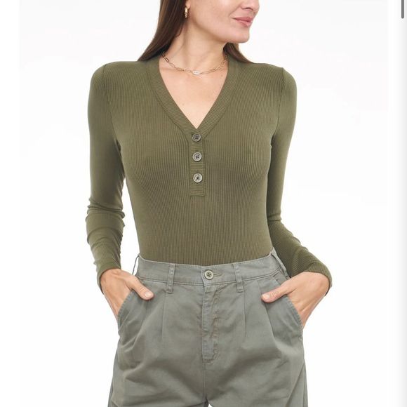 Pistola Tops Nwtpistola Grayson Henley Ribbed Long Sleeve Bodysuit